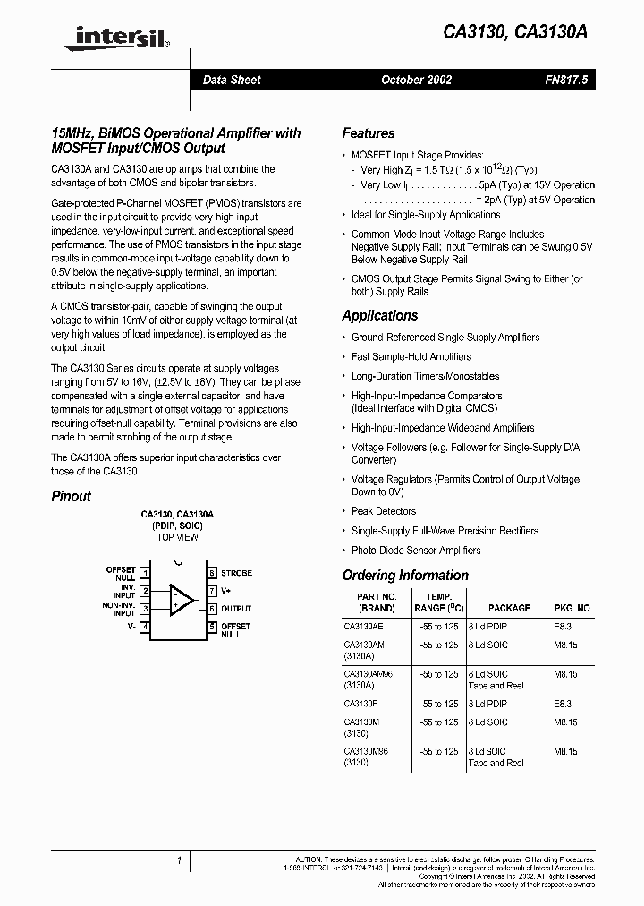 CA3130_956378.PDF Datasheet Download --- IC-ON-LINE