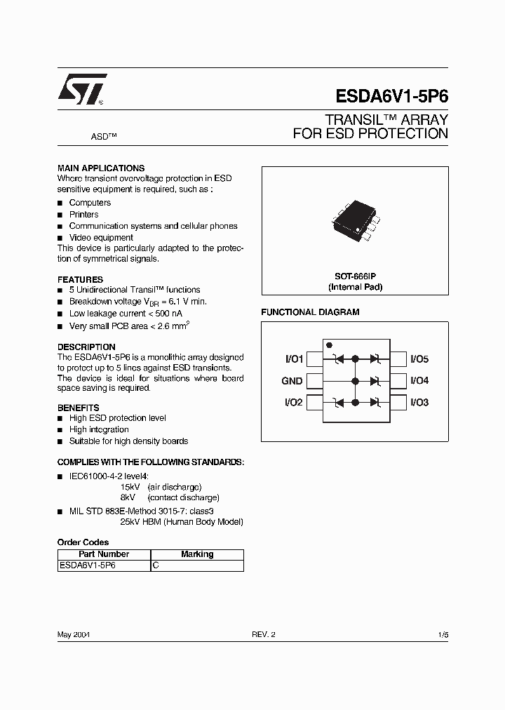ESDA6V1-5P_985514.PDF Datasheet Download --- IC-ON-LINE