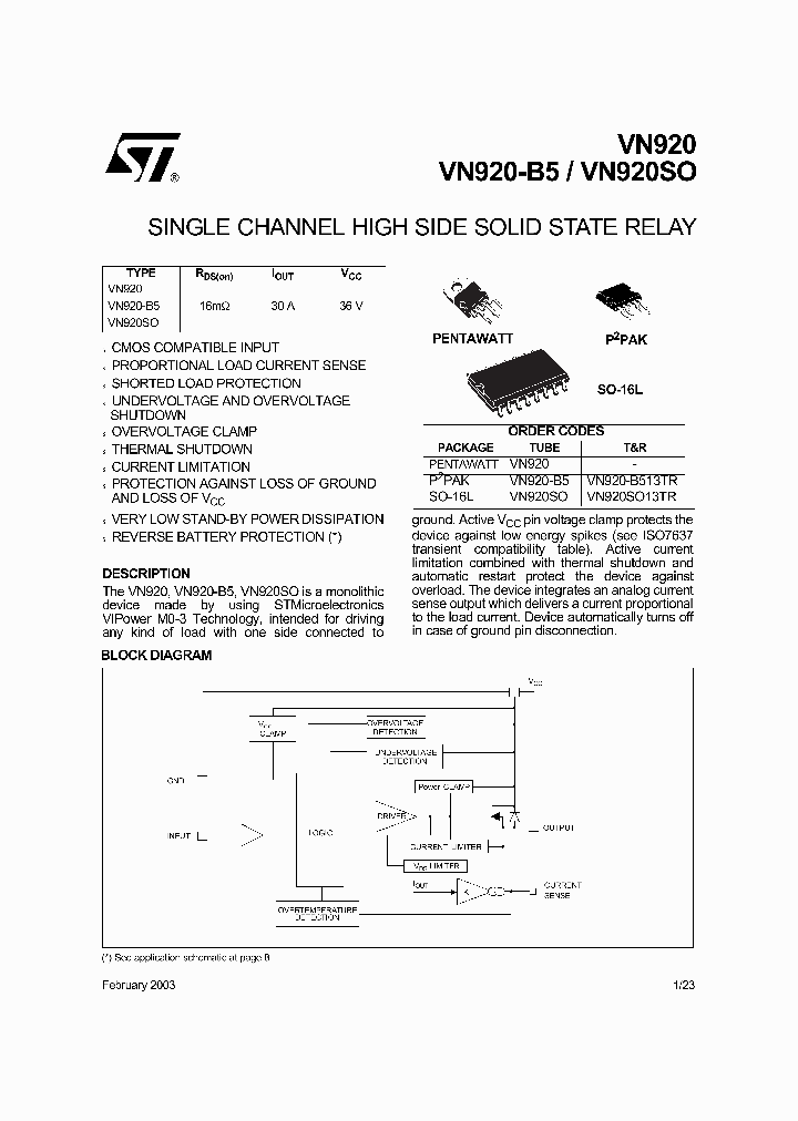 VN920-B5_1269352.PDF Datasheet Download --- IC-ON-LINE