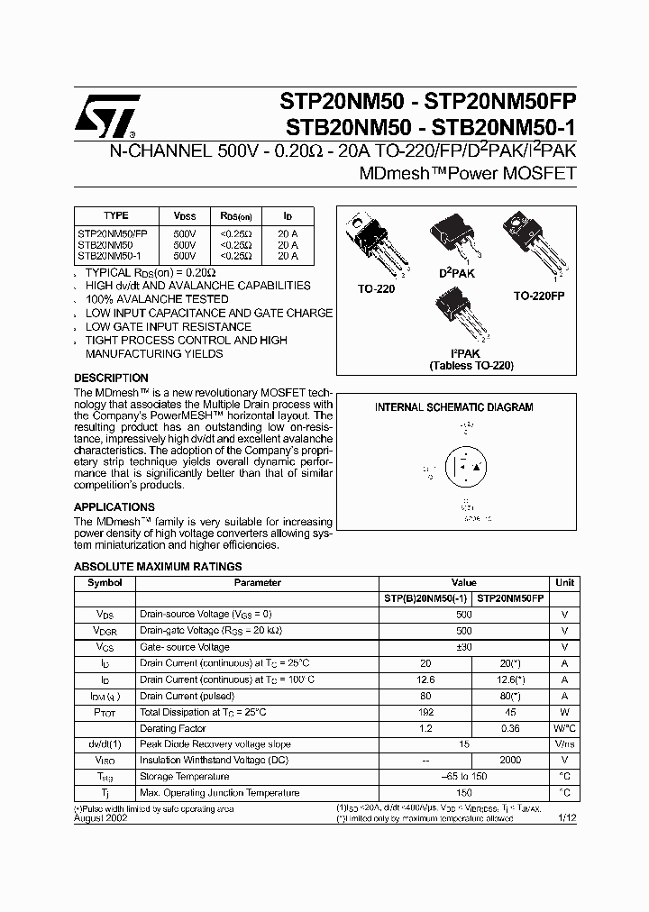 STB20NM50_1326001.PDF Datasheet Download --- IC-ON-LINE