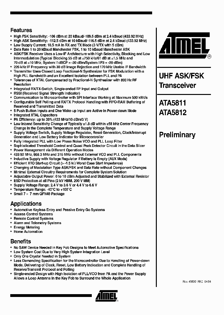 ATA5811-PLQC_795378.PDF Datasheet Download --- IC-ON-LINE