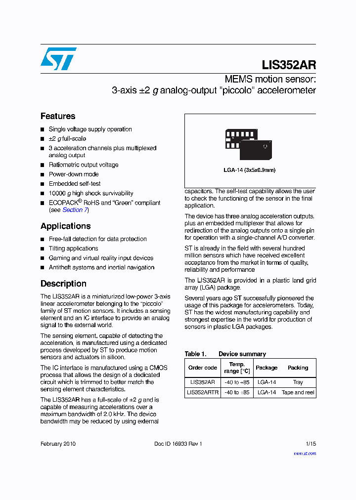 LIS352ARTR_926076.PDF Datasheet Download --- IC-ON-LINE