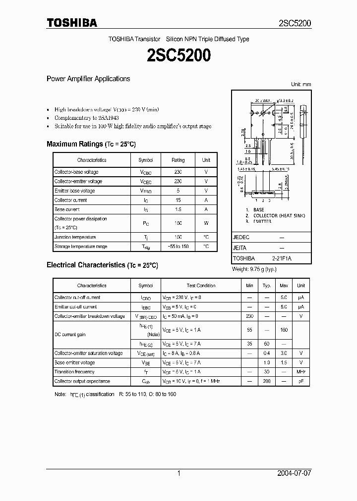 2sc5200 Datasheet Silicon Npn Transistor For Power Am