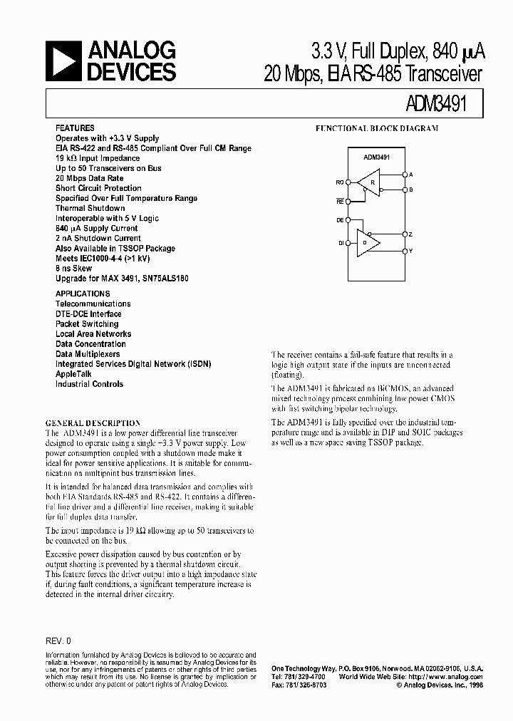 ADM3491_1633895.PDF Datasheet Download --- IC-ON-LINE