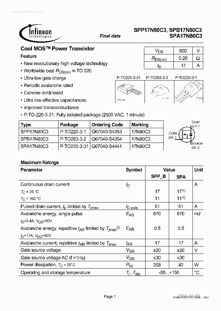 17N80C3_1698415.PDF Datasheet Download --- IC-ON-LINE