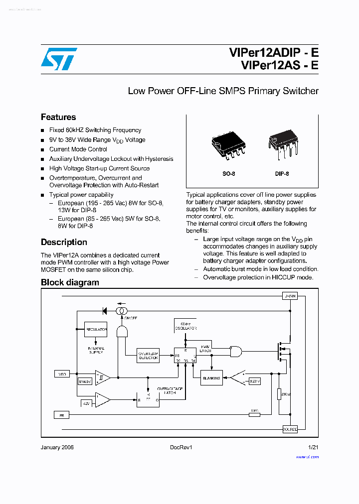 VIPER12AS-E_1878296.PDF Datasheet Download --- IC-ON-LINE