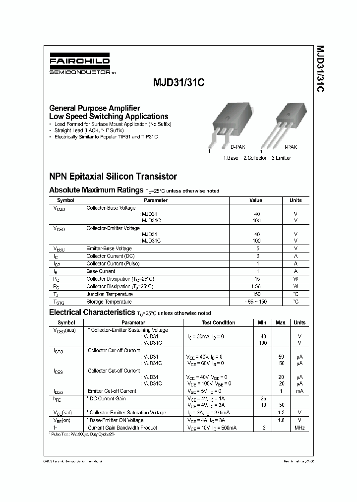 MJD31_2013406.PDF Datasheet Download --- IC-ON-LINE