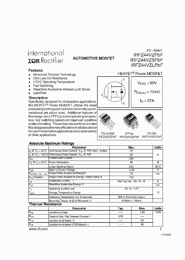 IRFZ44VZSPBF_2786746.PDF Datasheet Download --- IC-ON-LINE