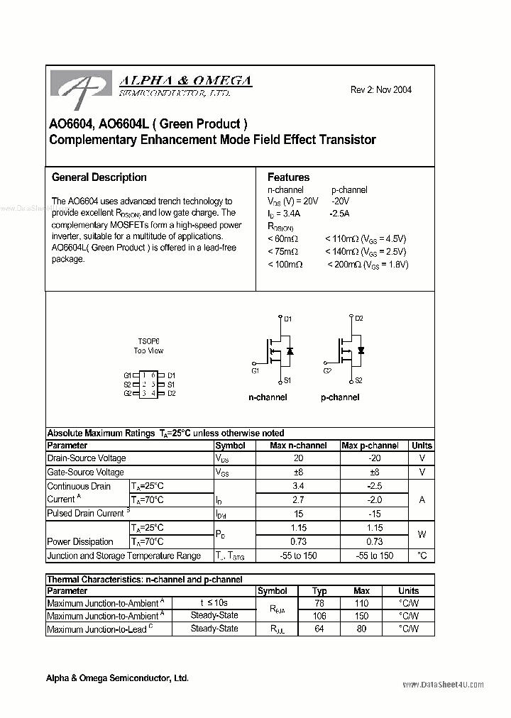 AO6604_3688224.PDF Datasheet Download --- IC-ON-LINE