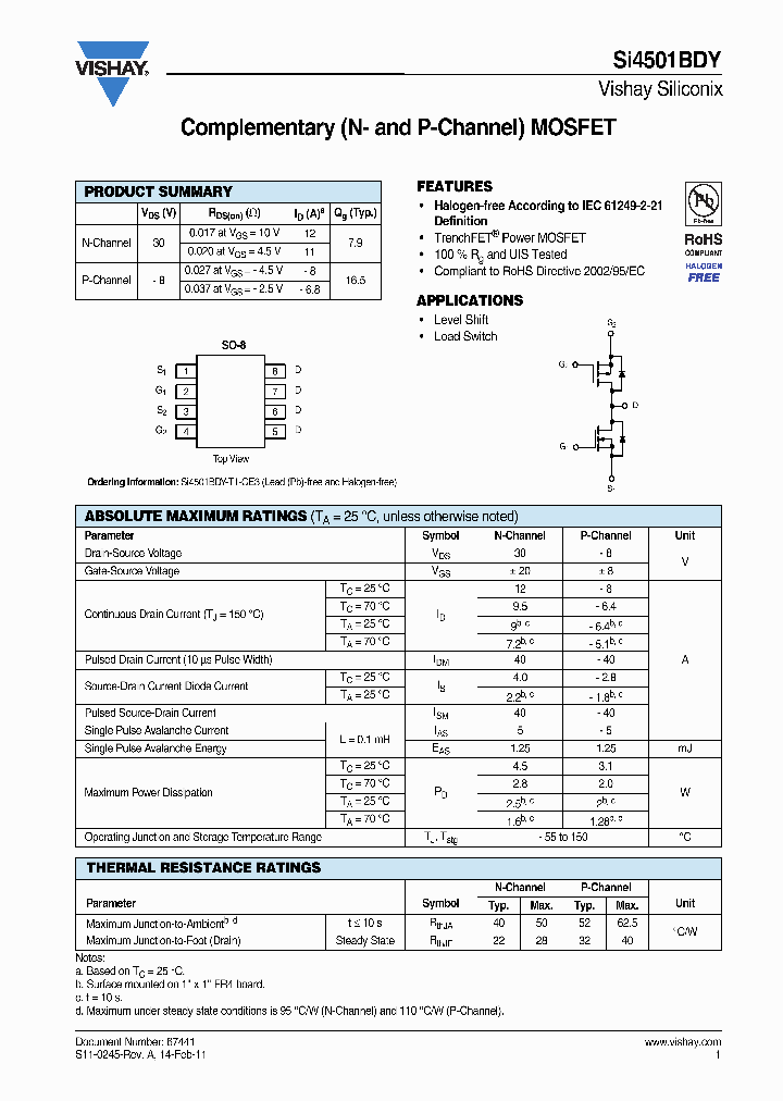 SI4501BDY_4101260.PDF Datasheet Download --- IC-ON-LINE