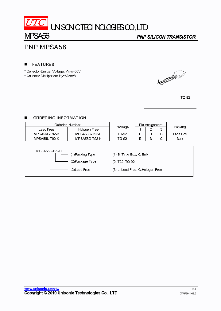 MPSA56G-T92-B_4215015.PDF Datasheet Download --- IC-ON-LINE