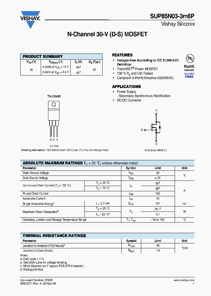 SUP85N03-3M6P-GE3_4230462.PDF Datasheet Download --- IC-ON-LINE
