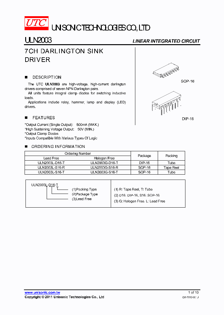 Uln2003apg Datasheet 7ch Darlington Sink Driver ULN2003