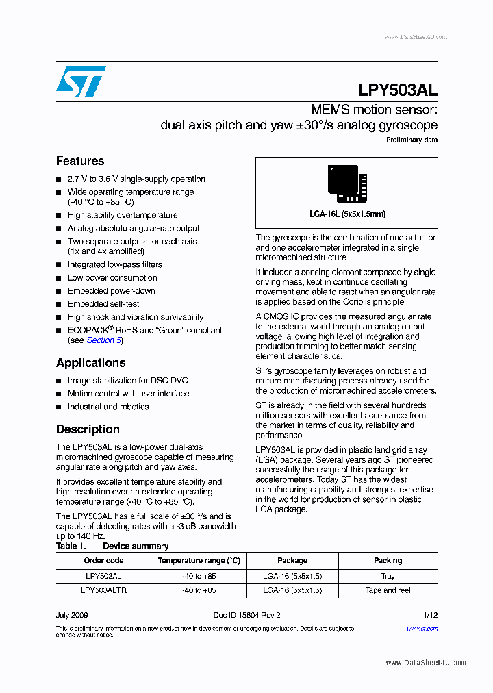 LPY503AL_4477332.PDF Datasheet Download --- IC-ON-LINE