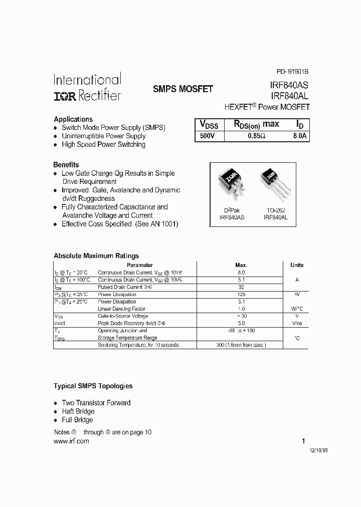 IRF840AS_5170333.PDF Datasheet Download --- IC-ON-LINE