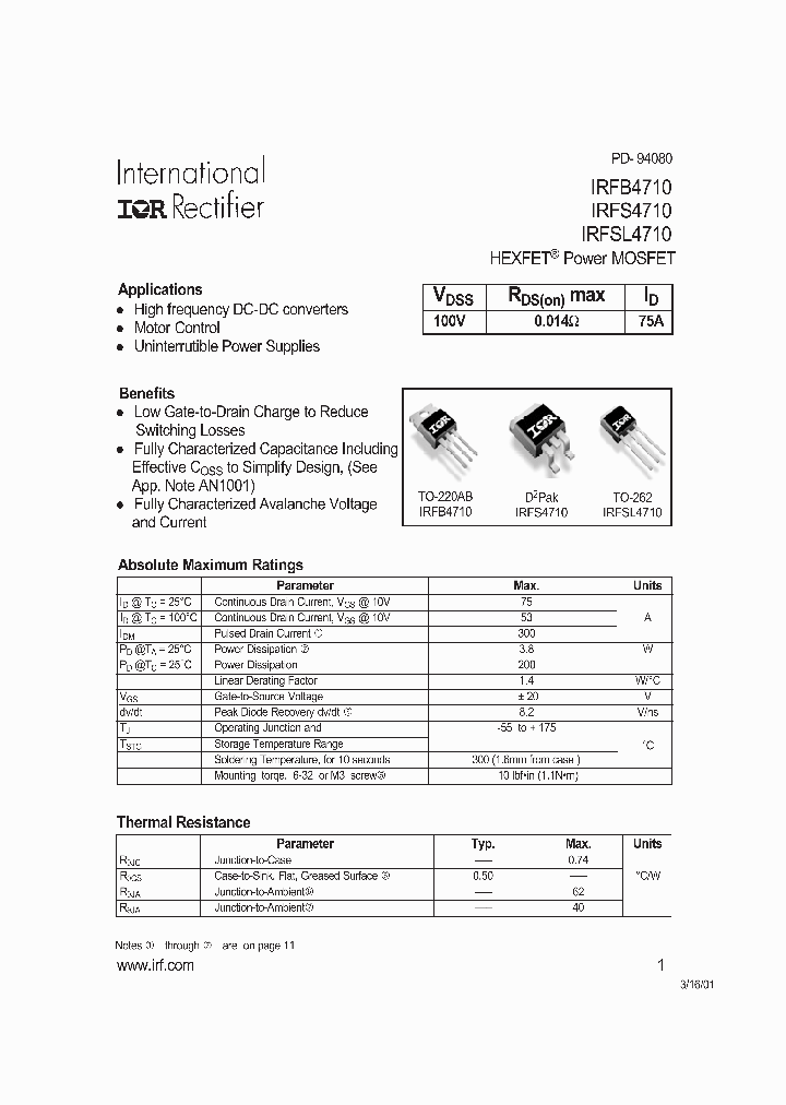 IRFB4710PBF_5180442.PDF Datasheet Download --- IC-ON-LINE