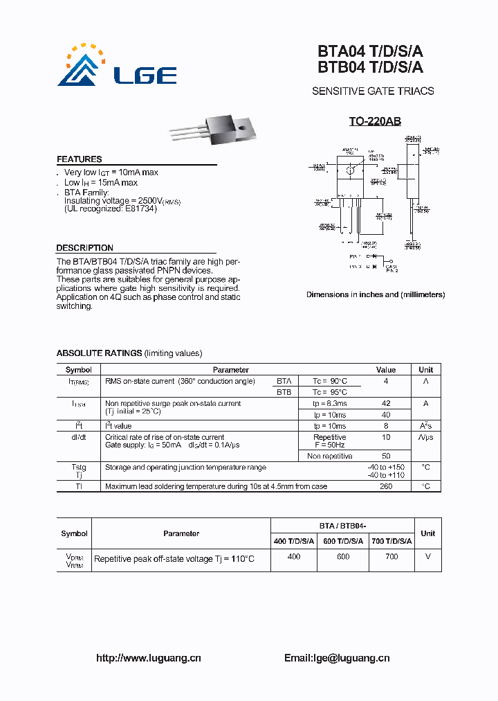 BTA04-400A_5407541.PDF Datasheet Download --- IC-ON-LINE