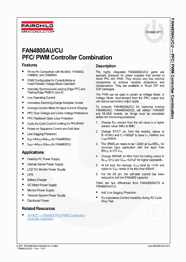 FAN4800AU_5998435.PDF Datasheet Download --- IC-ON-LINE