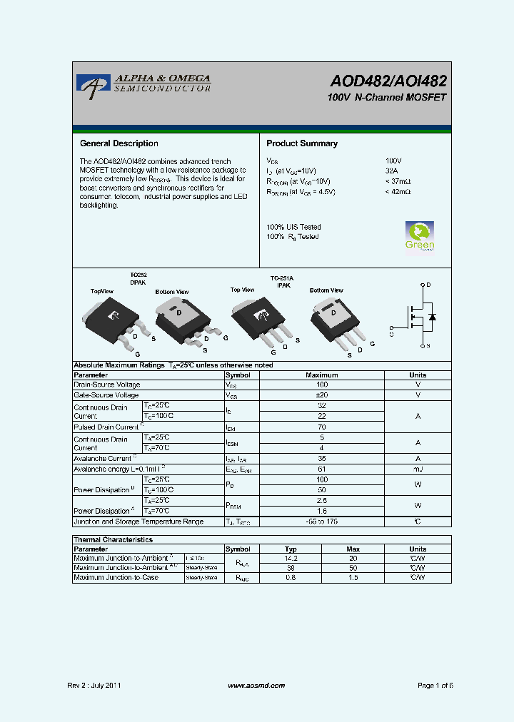 AOD482_6376411.PDF Datasheet Download --- IC-ON-LINE