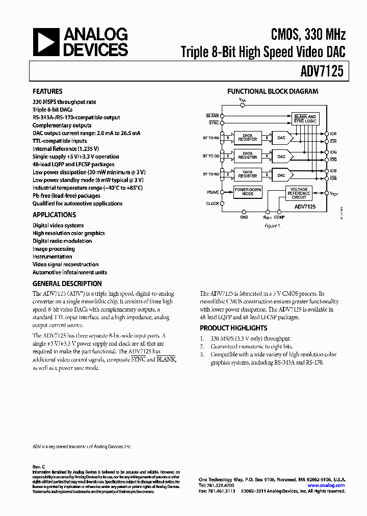 ADV7125BCPZ170_6477146.PDF Datasheet Download --- IC-ON-LINE