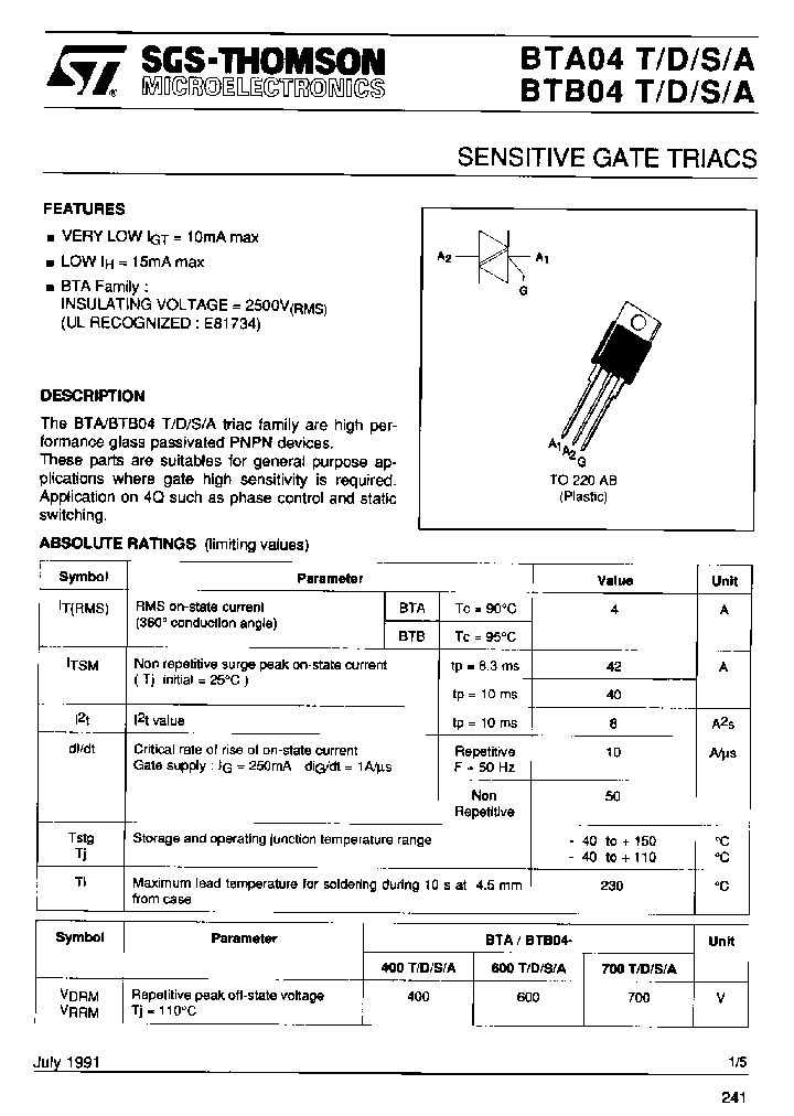 BTA04-400TF5_6624426.PDF Datasheet Download --- IC-ON-LINE