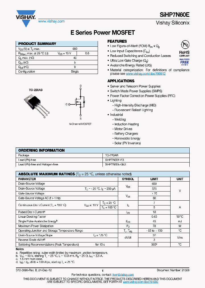SIHP7N60E_6978686.PDF Datasheet Download --- IC-ON-LINE