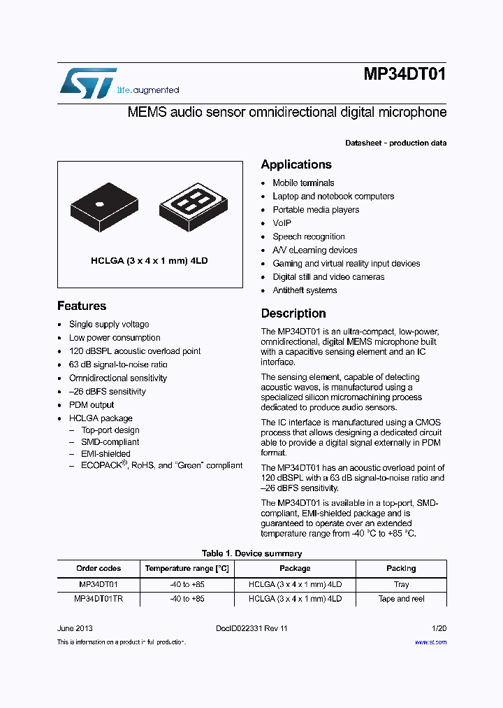 MP34DT01TR_7037307.PDF Datasheet Download --- IC-ON-LINE