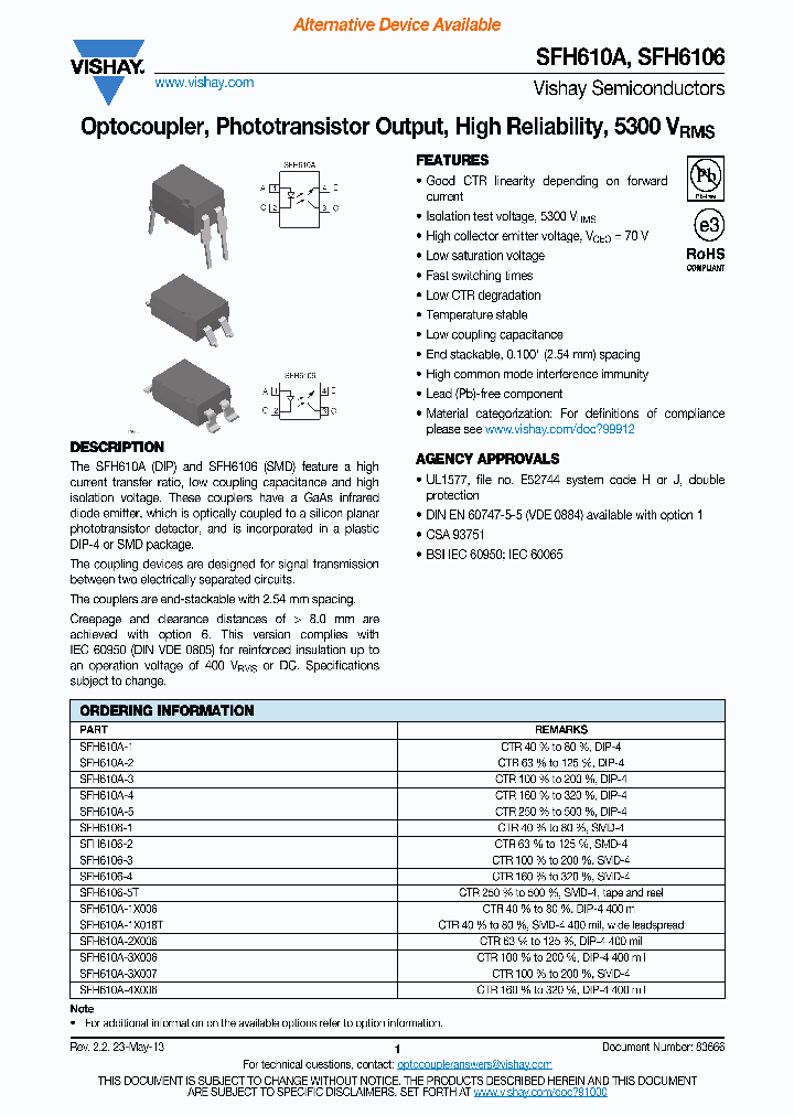 SFH610A-2X001_7113027.PDF Datasheet Download --- IC-ON-LINE