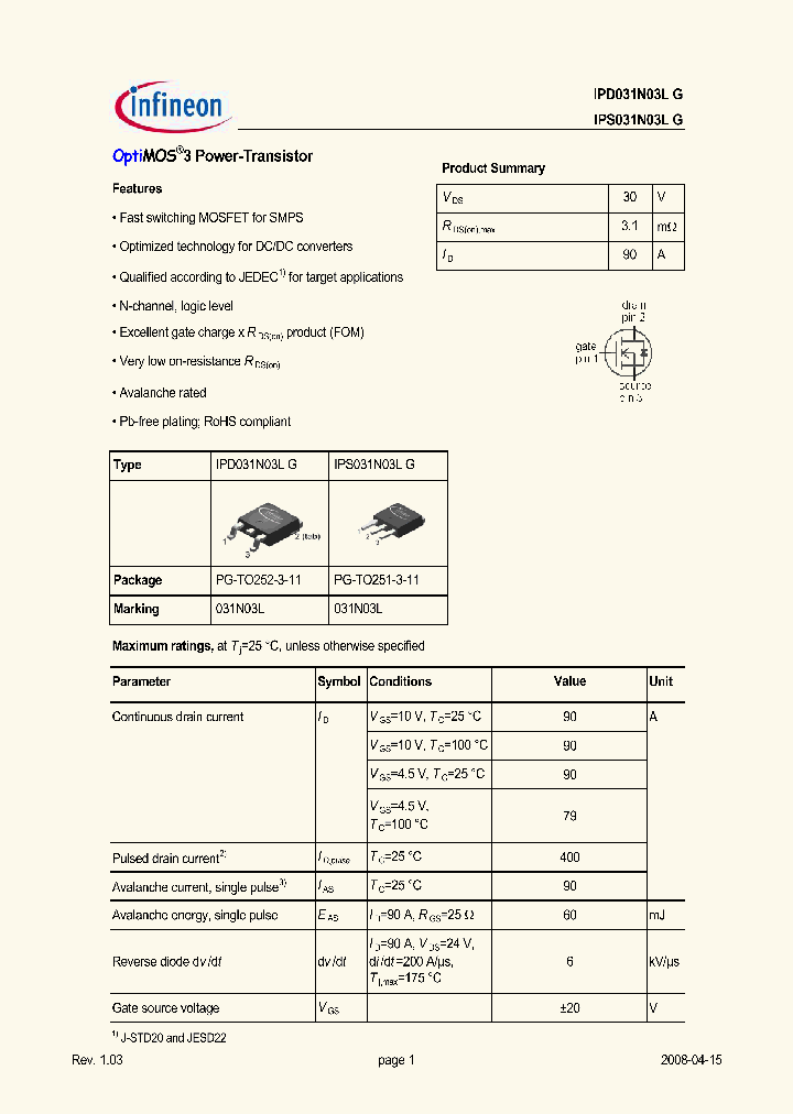 IPD031N03L-G_7147510.PDF Datasheet Download --- IC-ON-LINE