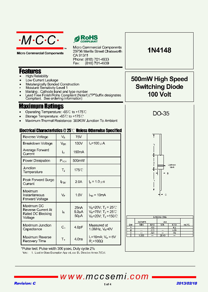 1N4148-TP_7169540.PDF Datasheet Download --- IC-ON-LINE