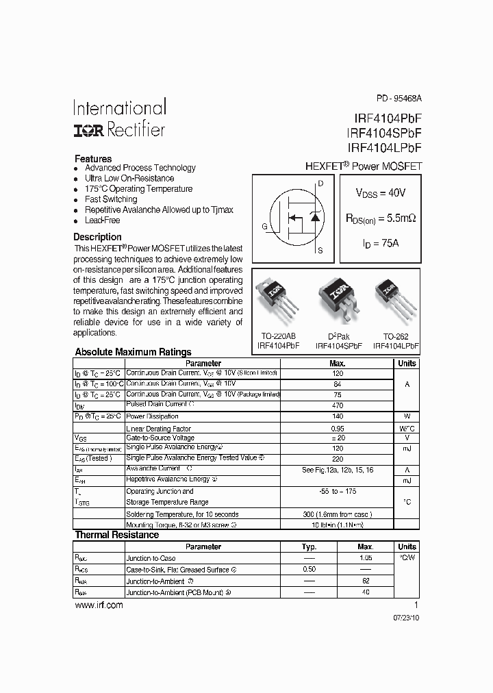 IRF4104STRL_7256937.PDF Datasheet Download --- IC-ON-LINE