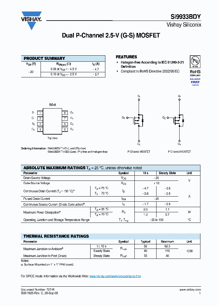 SI9933BDY-T1-E3_7288524.PDF Datasheet Download --- IC-ON-LINE