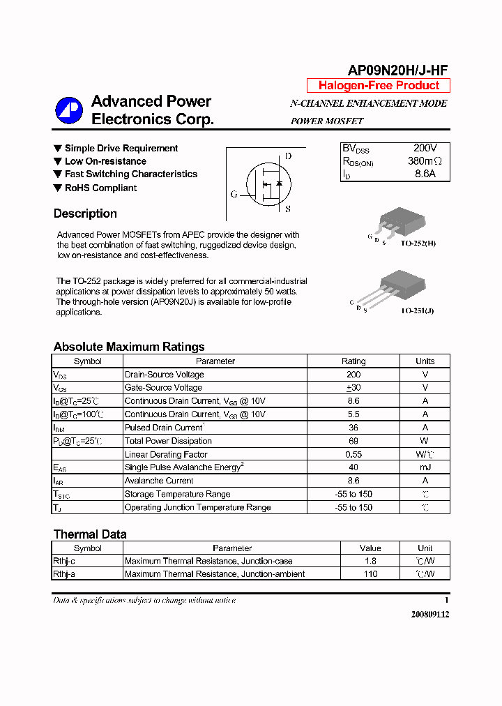 AP09N20H-HF_7299605.PDF Datasheet Download --- IC-ON-LINE