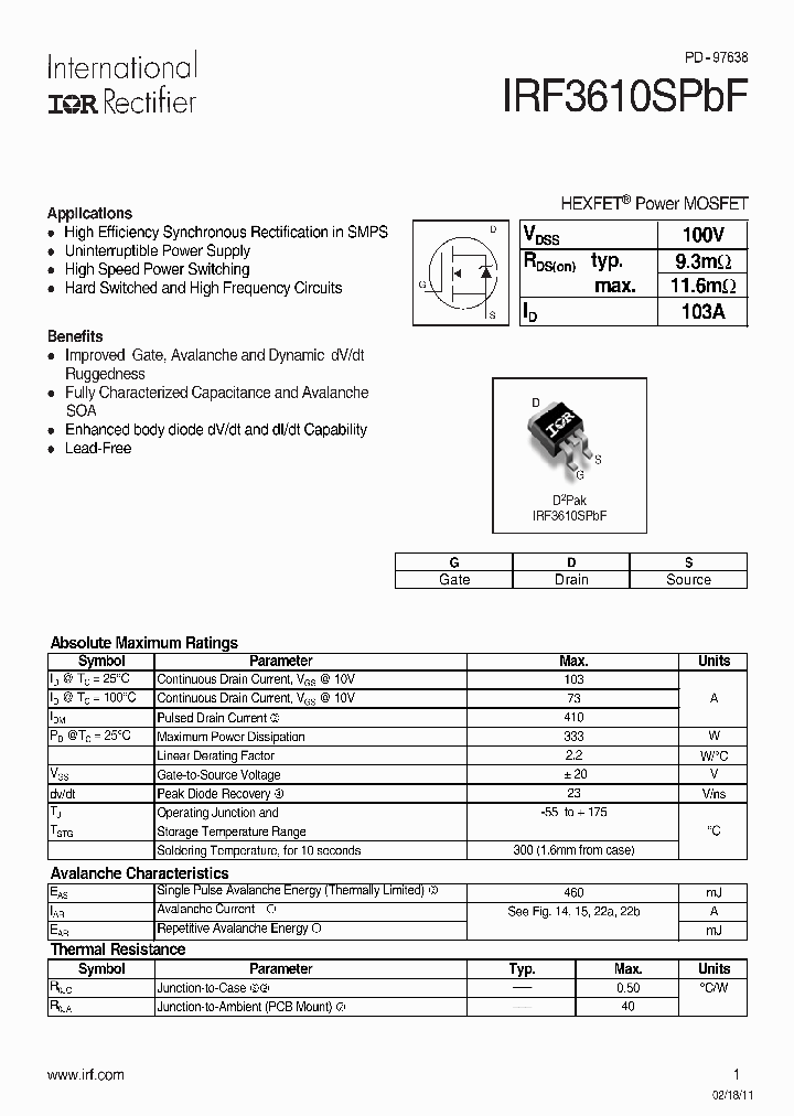 IRF3610SPBF_7318820.PDF Datasheet Download --- IC-ON-LINE