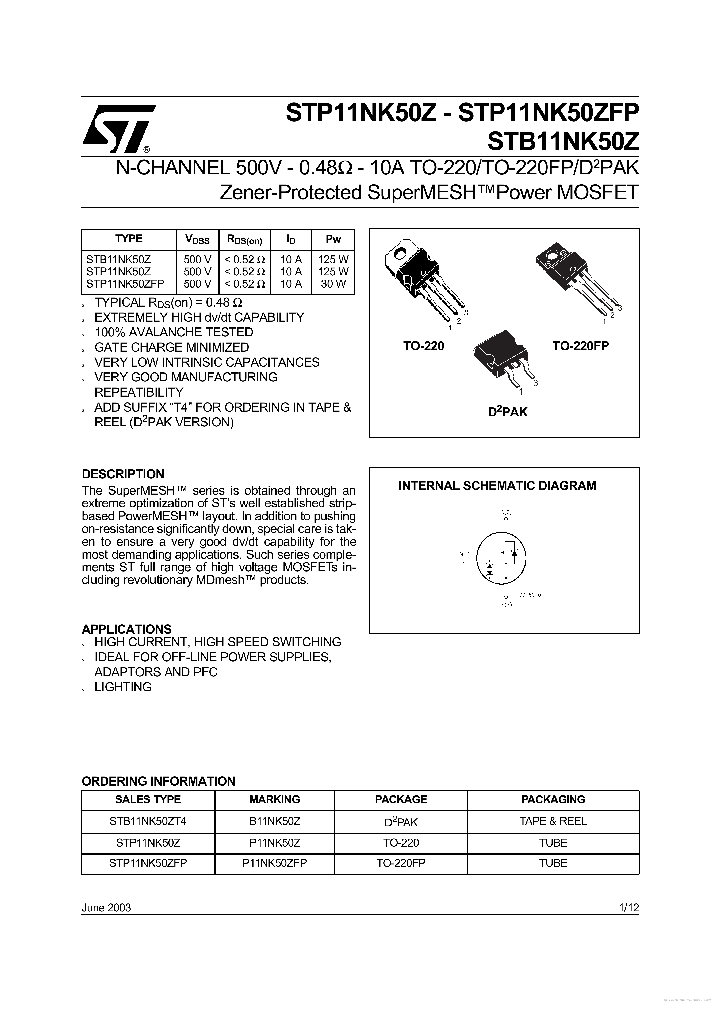 P11NK50ZFP_7330380.PDF Datasheet Download --- IC-ON-LINE