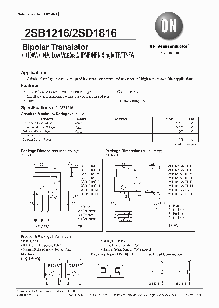 2SD1816S-TL-E_7397450.PDF Datasheet Download --- IC-ON-LINE