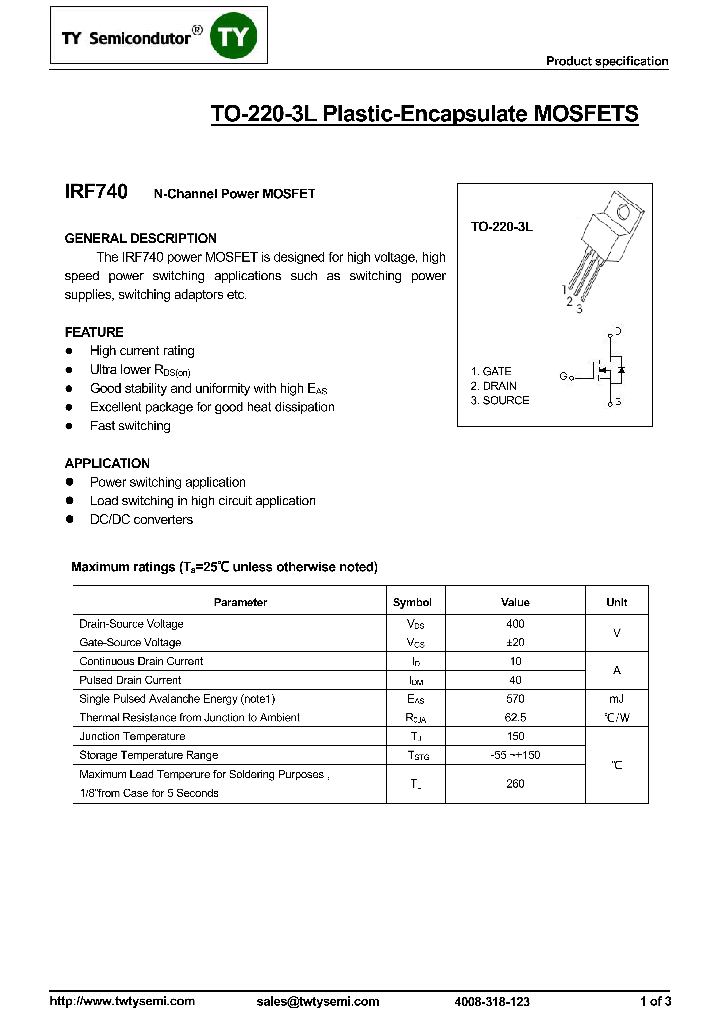 IRF740_7609281.PDF Datasheet Download --- IC-ON-LINE