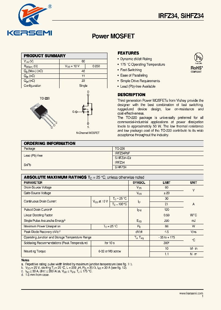 IRFZ34_7614456.PDF Datasheet Download --- IC-ON-LINE