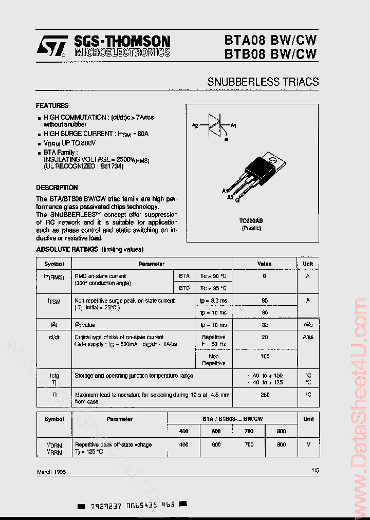 BTA08-400BW_7703444.PDF Datasheet Download --- IC-ON-LINE