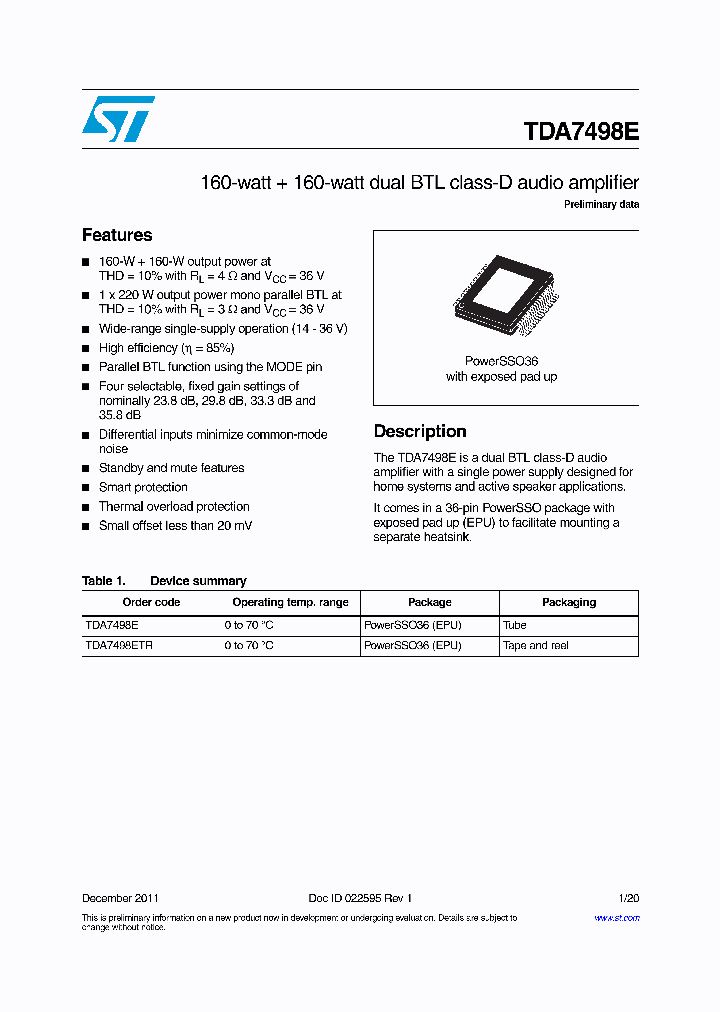 TDA7498E_7706394.PDF Datasheet Download --- IC-ON-LINE