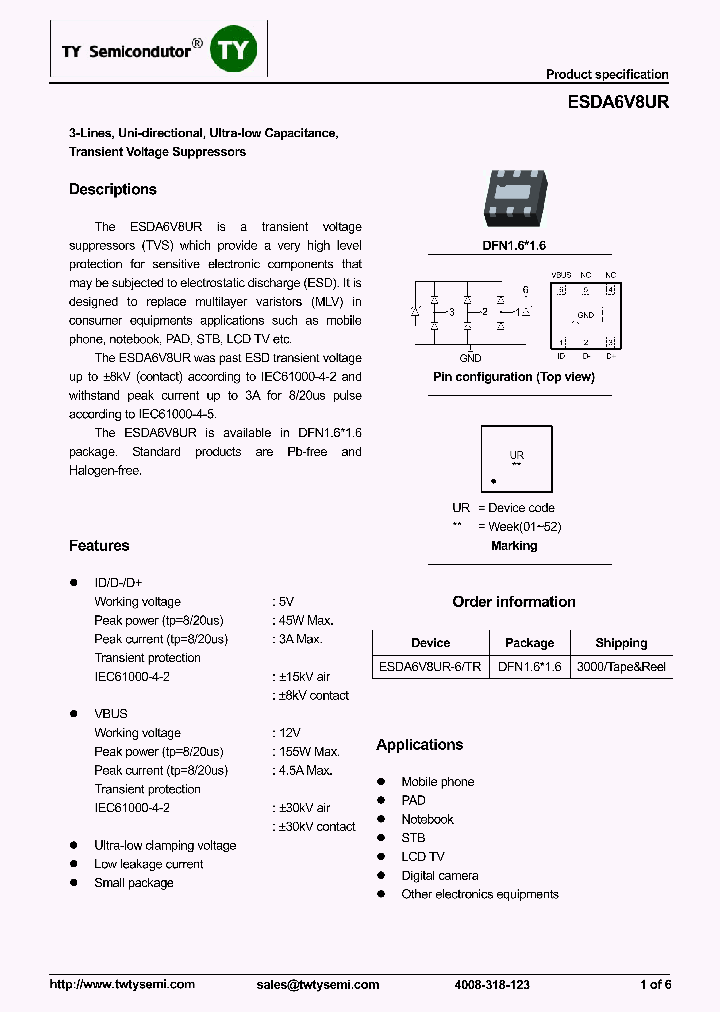 ESDA6V8UR_7717919.PDF Datasheet Download --- IC-ON-LINE