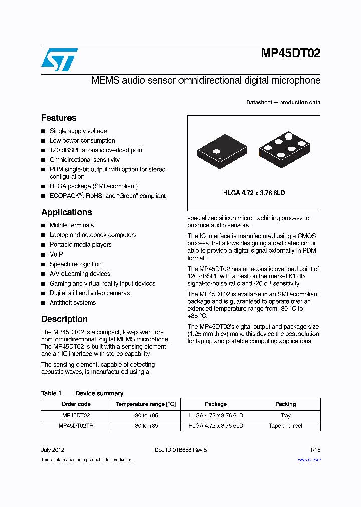 MP45DT02TR_7809385.PDF Datasheet Download --- IC-ON-LINE