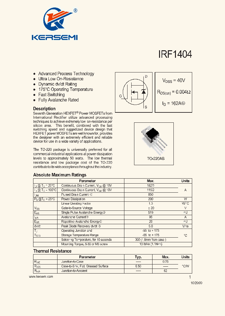 IRF1404_8002545.PDF Datasheet Download --- IC-ON-LINE
