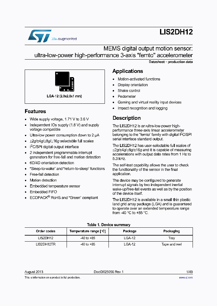 LIS2DH12TR_8069963.PDF Datasheet Download --- IC-ON-LINE