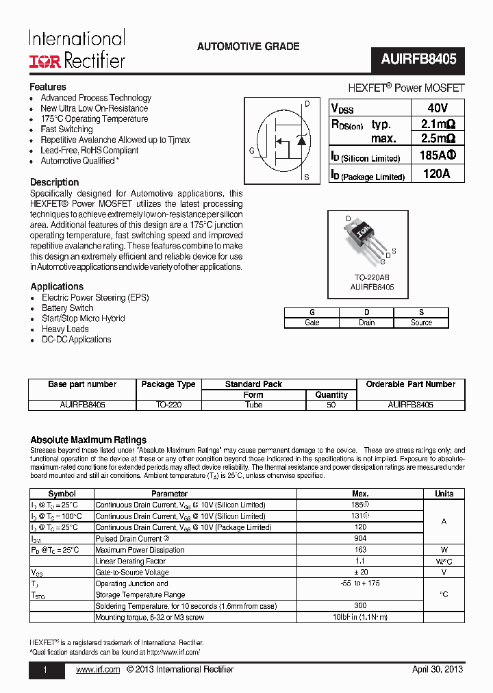 AUIRFB8405_8229218.PDF Datasheet Download --- IC-ON-LINE