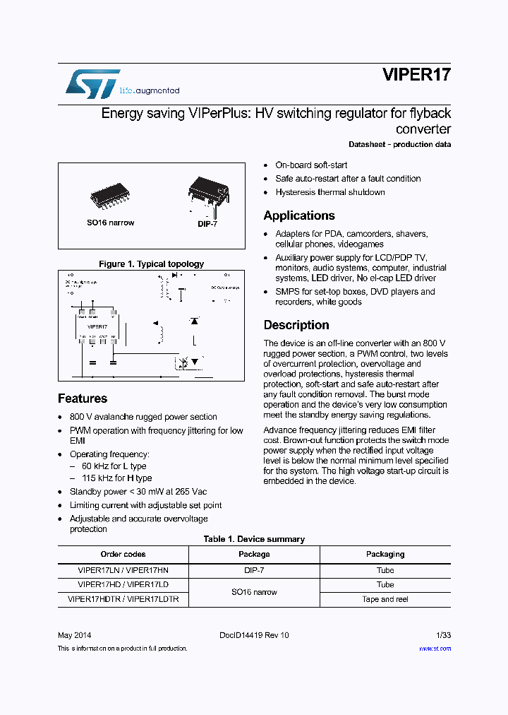 Semiconducteurs, transistors Circuit Integre VIPER17 Viper 17L Composants électroniques