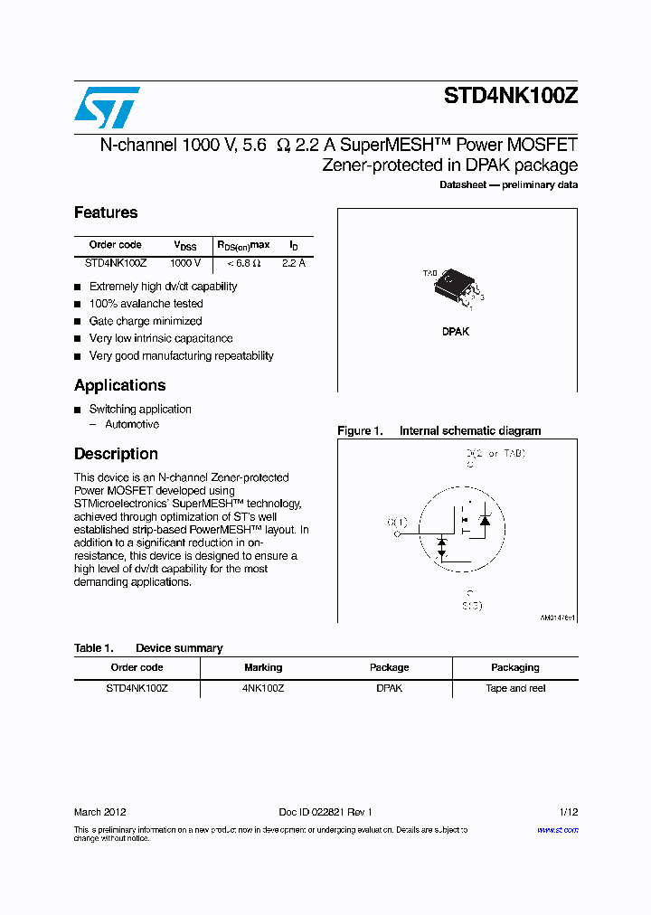 STD4NK100Z_8283656.PDF Datasheet Download --- IC-ON-LINE