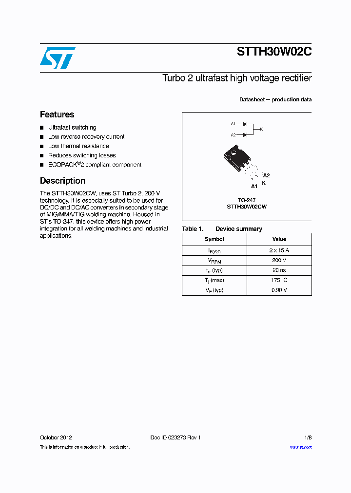 STTH30W02CW_8344729.PDF Datasheet Download --- IC-ON-LINE