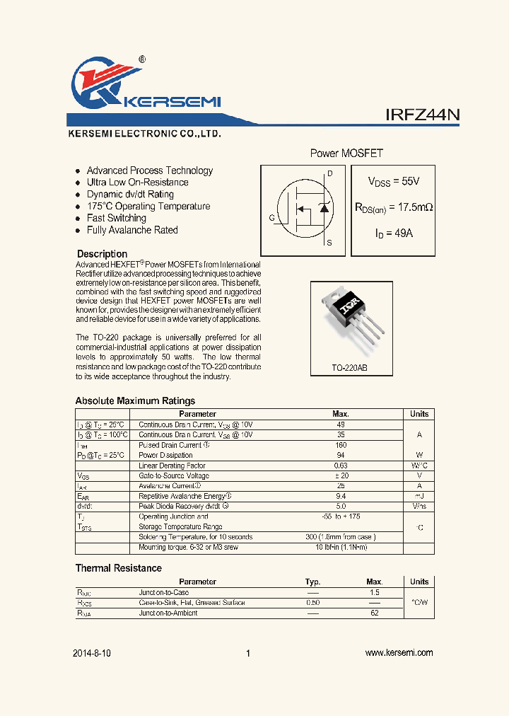 IRFZ44N_8369817.PDF Datasheet Download --- IC-ON-LINE