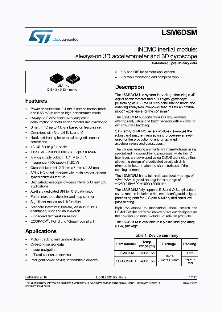 Lsm6dsm 8377297 Pdf Datasheet Download Ic On Line